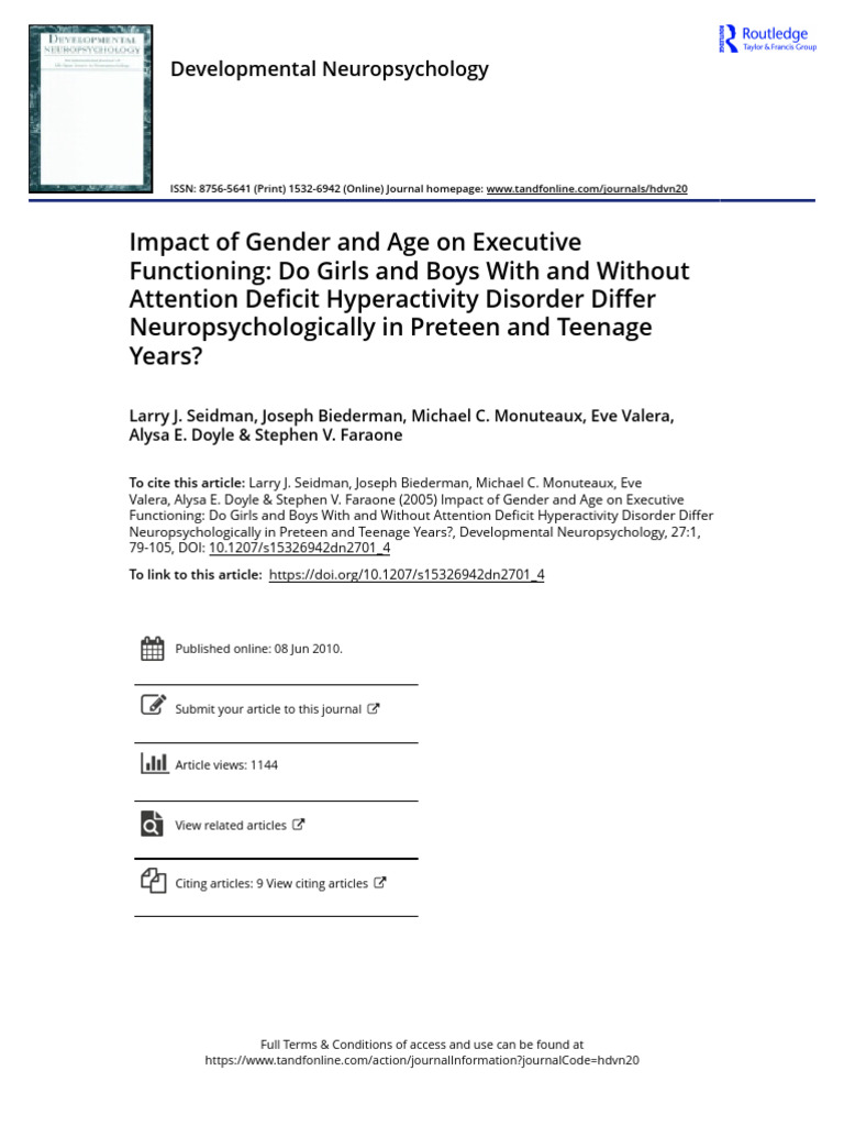 Impact of Gender and Age On Executive Functioning Do Girls and Boys With and Without Attention ...