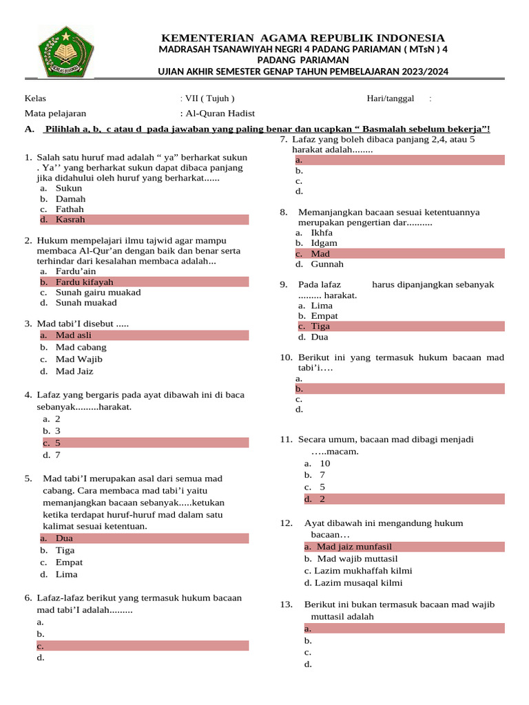 SOAL Al-Qura'an Hadist KLS VII Semester Genap 2023-2024 | PDF