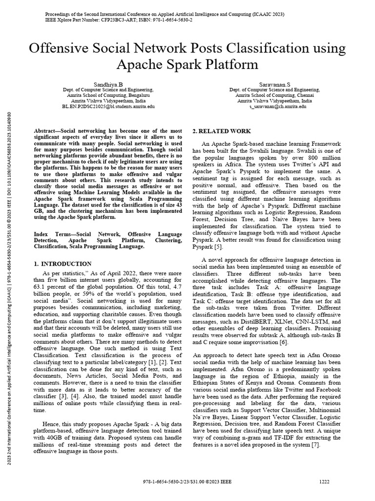 Offensive Social Network Posts Classification Using Apache Spark Platform | PDF | Statistical ...