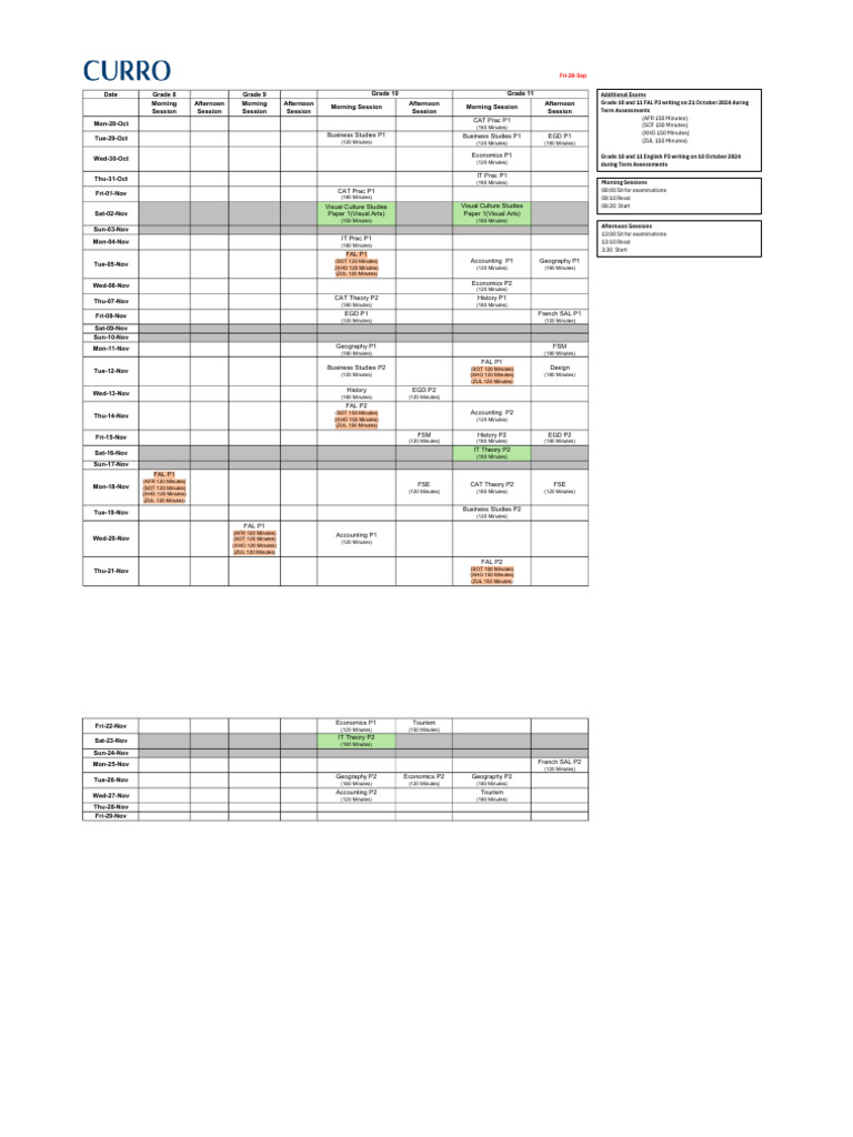 Final CHOICE DBE November Exam Timetable Grades 8 To 11 | PDF