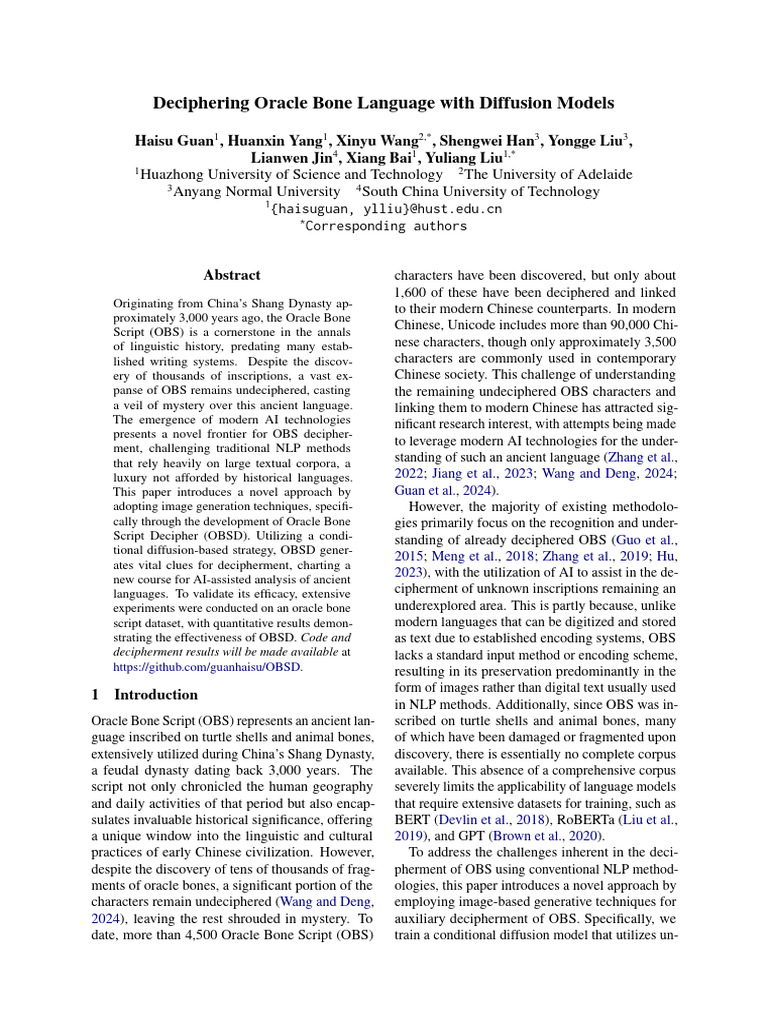 2024ACL - BEST - Deciphering Oracle Bone Language With Diffusion Models | PDF | Optical ...