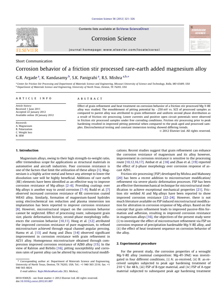 Corrosion Behavior of A Friction Stir Processed Rare-Earth Added ...