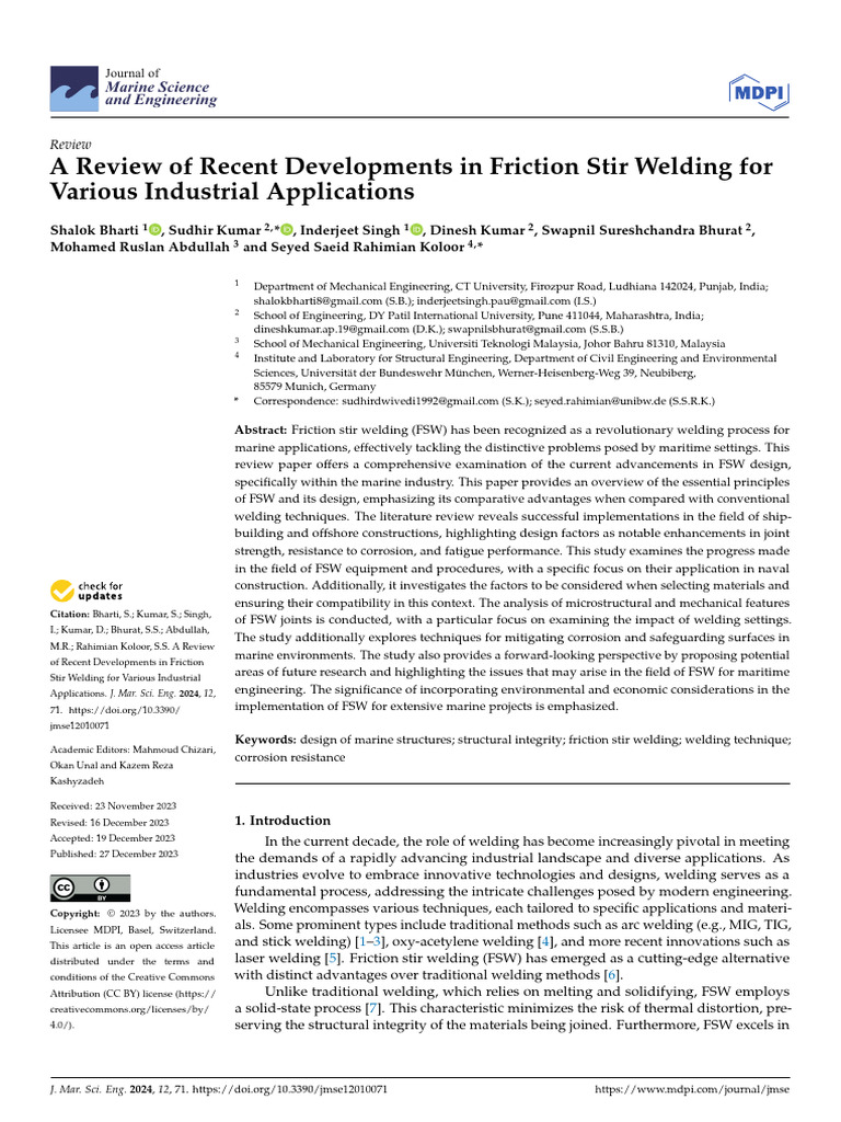 A Review Of Recent Developments In Friction Stir Welding For Various Industrial Applications