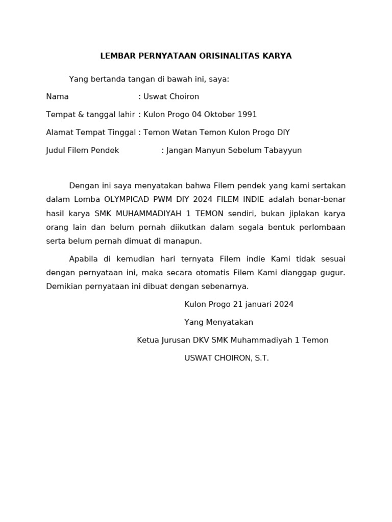 Lembar Pernyataan Orisinalitas Karya1 | PDF