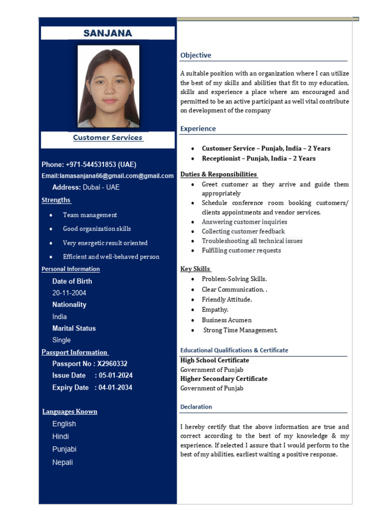 Sanjana Customer Services CV | PDF | Career & Growth