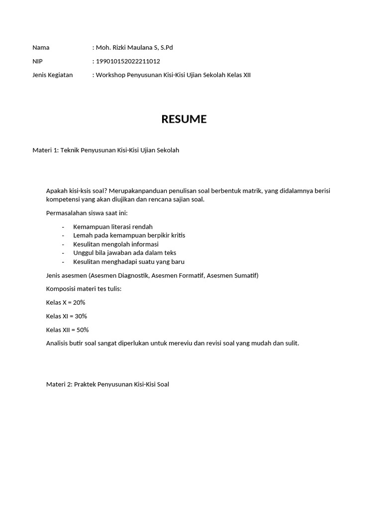 Resume Workshop | PDF | Pengembangan Diri