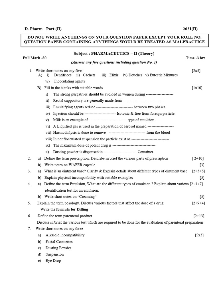 D. Pharm Part II Exam Question Papers | PDF | Emulsion | Pharmacy