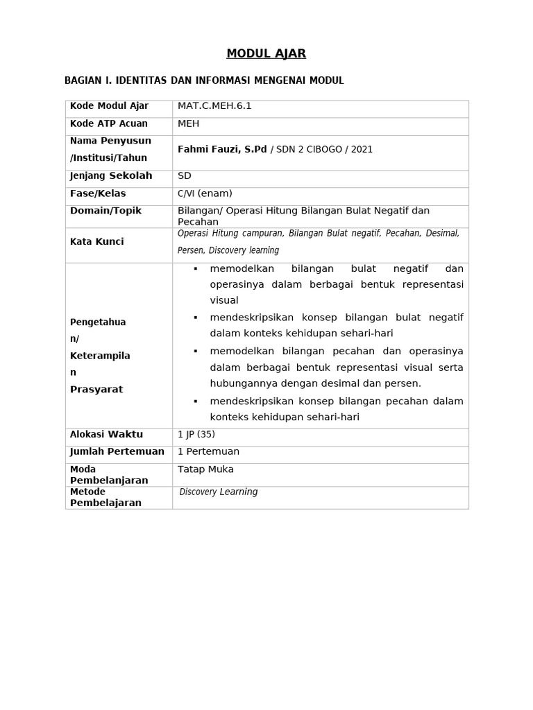 Modul Ajar Matematika - Operasi Hitung Bilangan Bulat Fahmi Fauzi | PDF