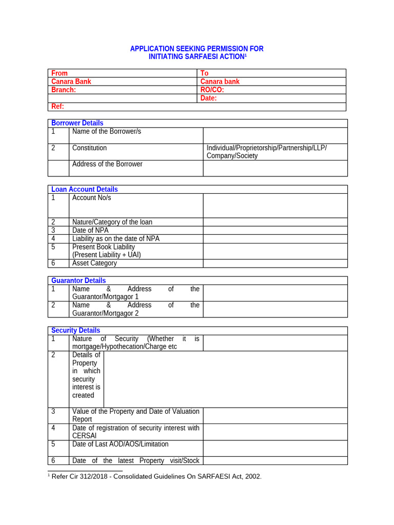 Application Seeking Permission For Initiating Sarfaesi Action As Per Cir 312 2018 | PDF ...