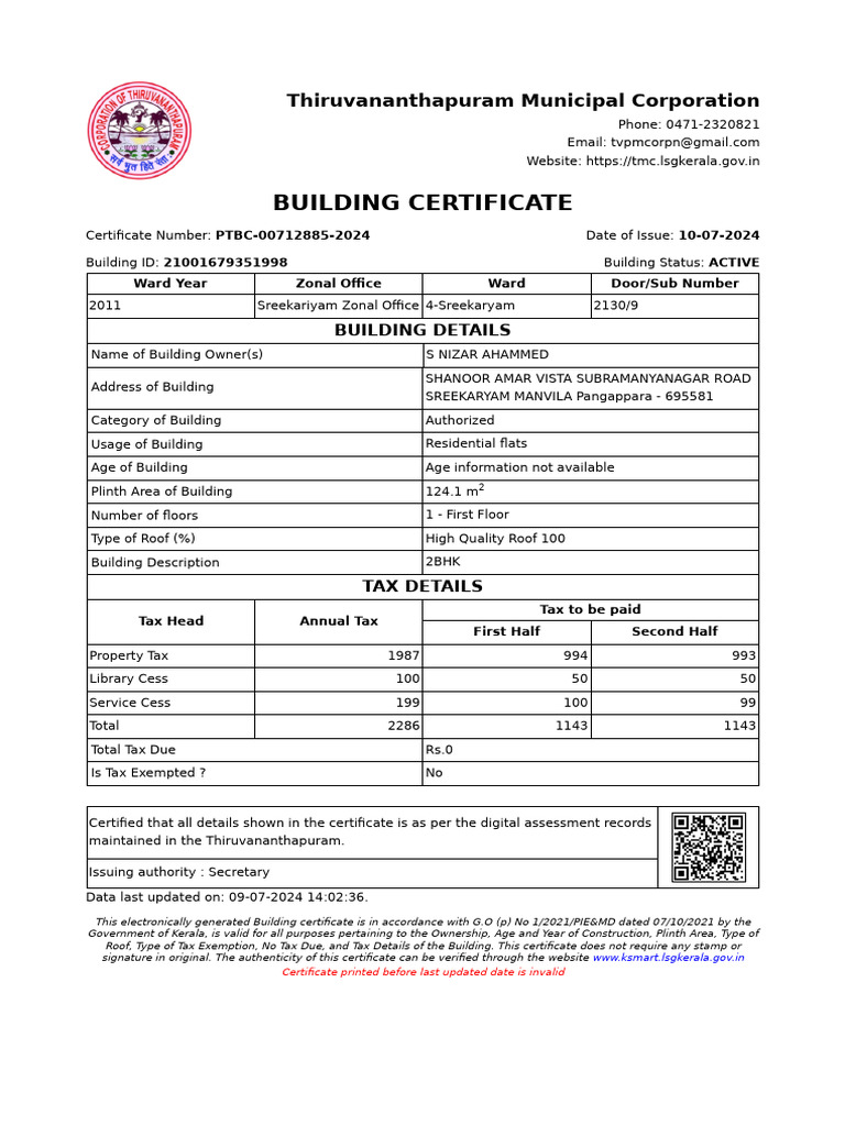 Building Certificate: Thiruvananthapuram Municipal Corporation | PDF