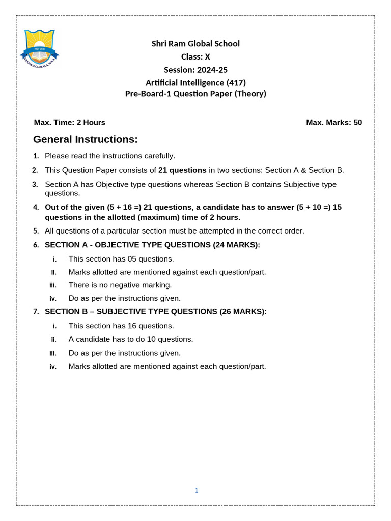 Class 10th pre-board-1 | PDF | Artificial Intelligence | Intelligence ...
