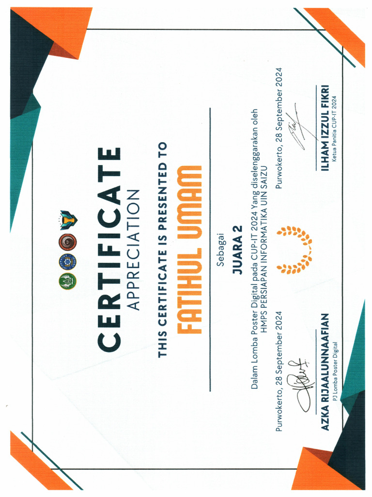 2024 - Sertifikat Juara 2 Lomba Poster Digital Pada CUP-IT 2024 Di UIN ...