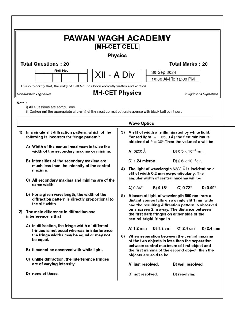 Wave Optics Dpp 6 Pdf Diffraction Angular Resolution
