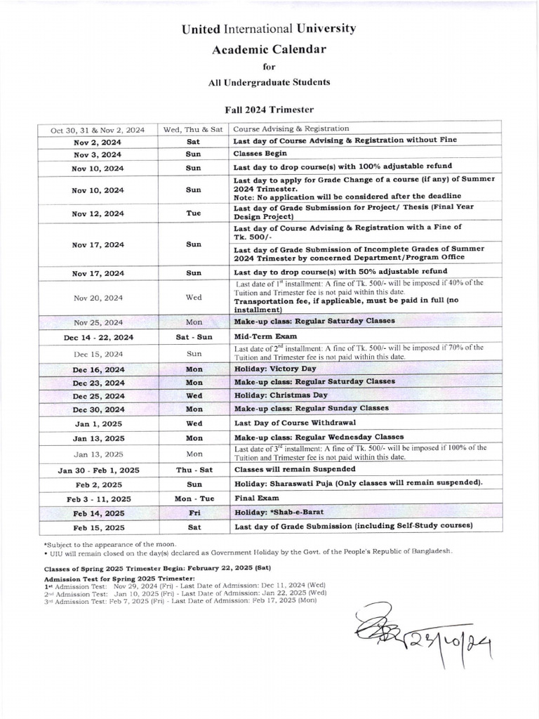 UIU Academic Calendar 2024-25 | PDF | Schools | Educational Institutions