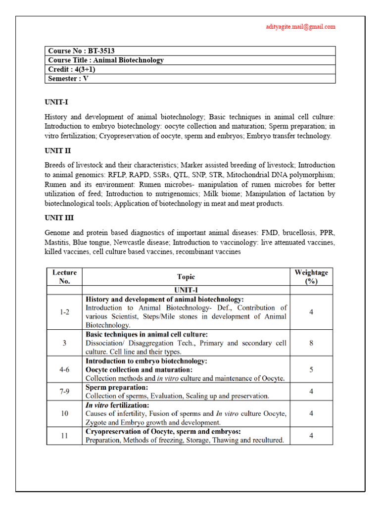 Animal Biotechnology Course Overview | PDF | Infertility | Gene