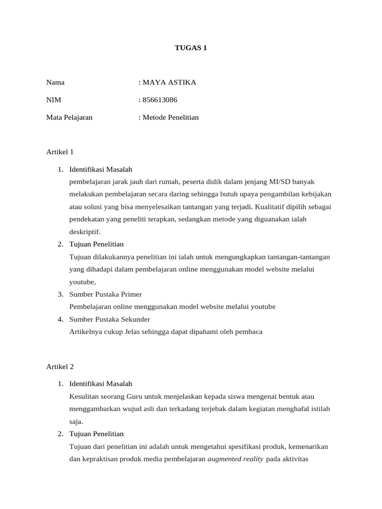 TUGAS 1 Metode Penelitian Maya | PDF | Karier & Perkembangan | Komputer