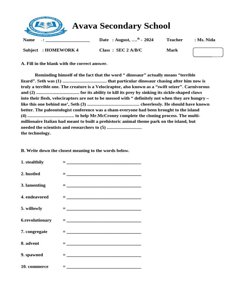 Sec2 Eng hw4 160824 | PDF | History | Young Adult