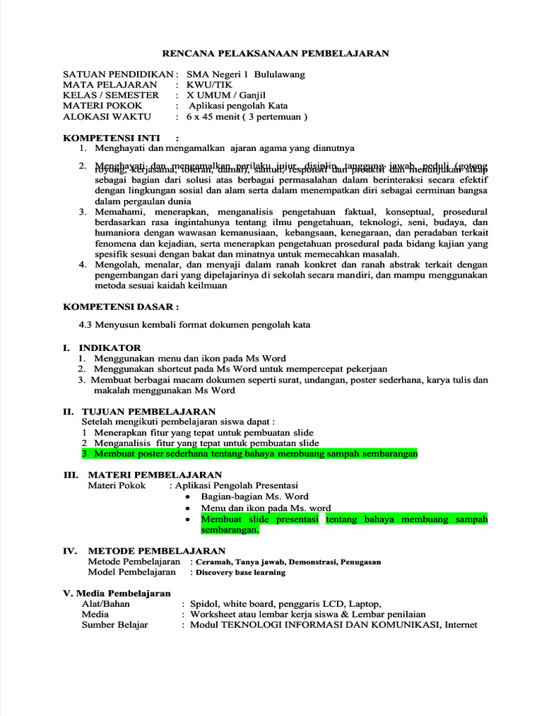 PDF RPP Tik Adiwiyata Sem 1 - Compress | PDF