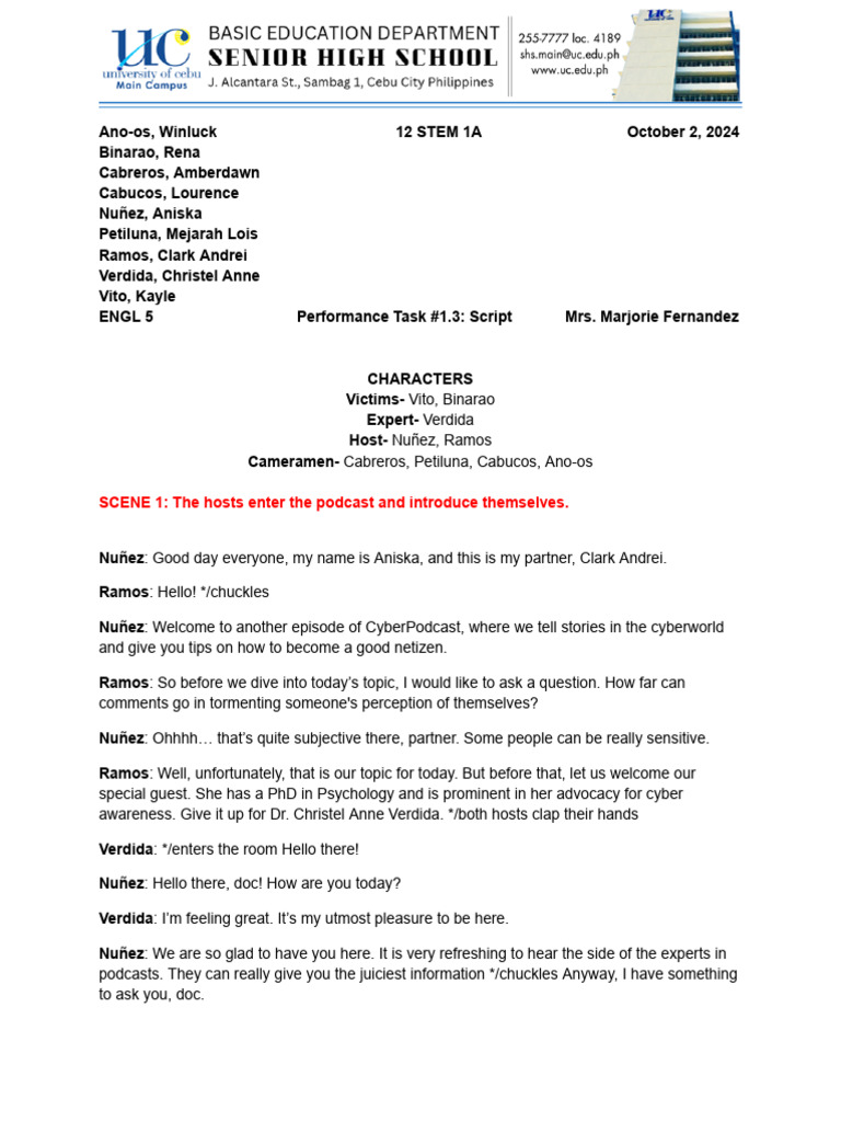 Eng 5 - Script 12 Stem 1a Group 5 | PDF | Bullying | Cyberbullying