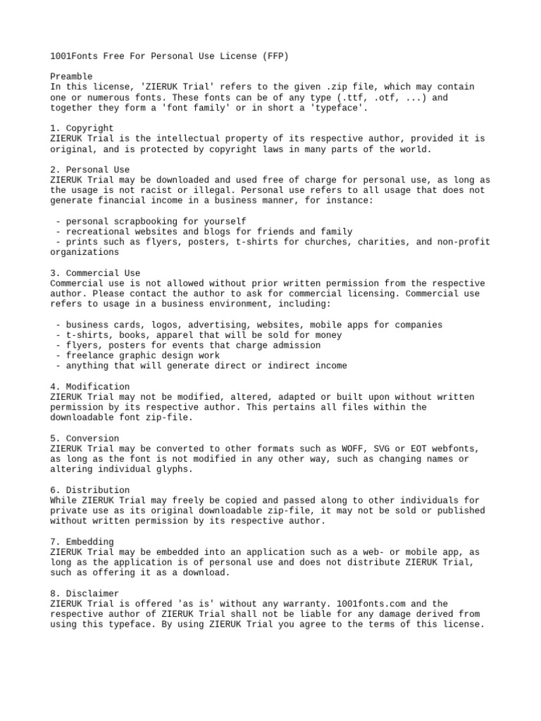 1001fonts Zieruk Trial Eula | PDF | Publishing | Graphic Design