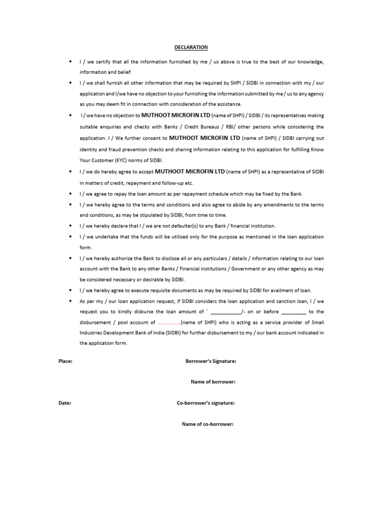 SIDBI DECLARATION FORM | PDF | Loans | Banks