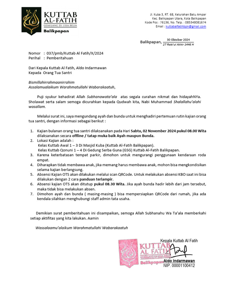 Surat Pemberitahuan KBO November 2024 | PDF