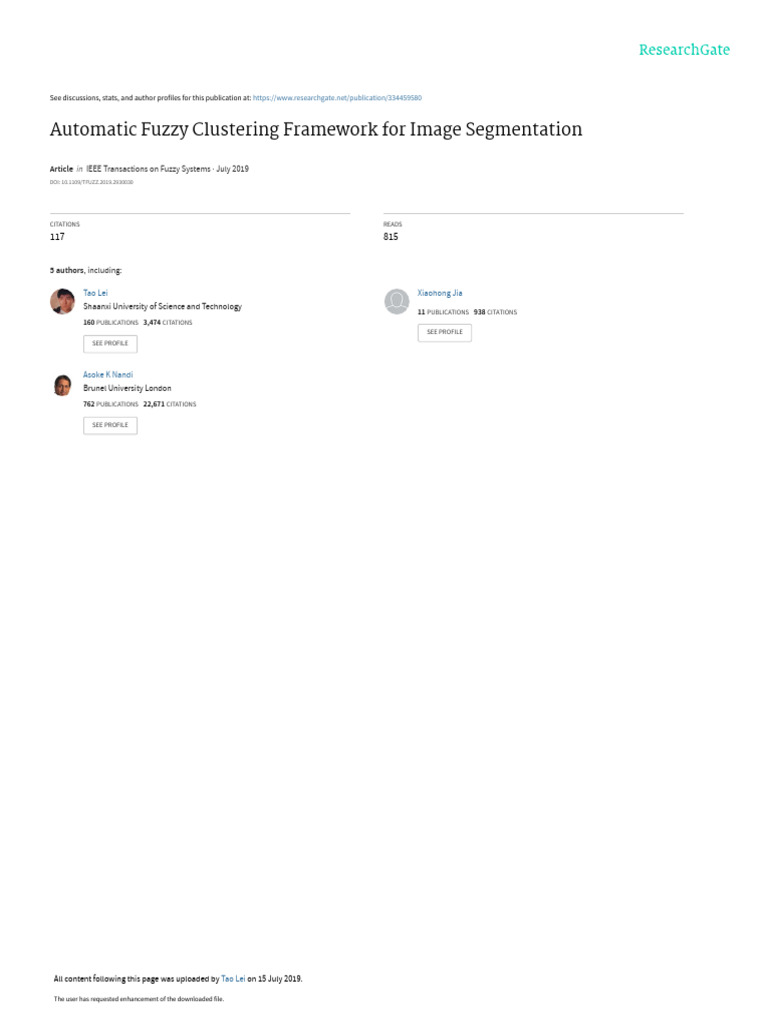 Automatic Fuzzy Clustering Framework For Image Segmentation Pdf Image Segmentation Cluster