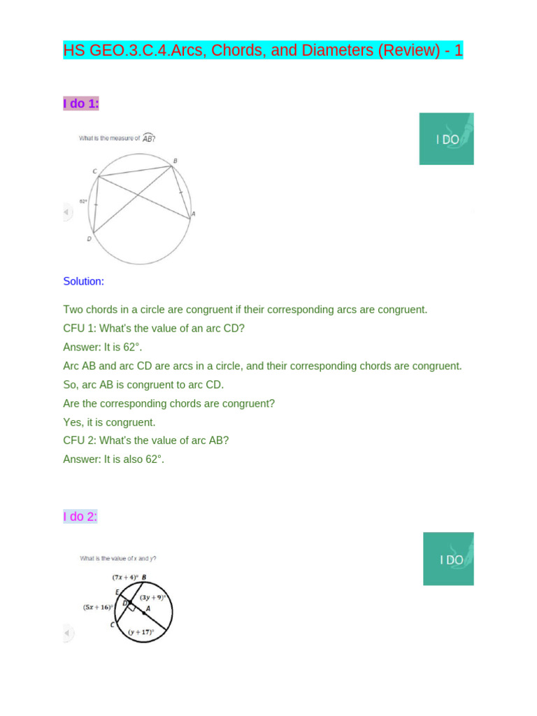 HS GEO.3.C.4.Arcs, Chords, and Diameters (Review) - 1S GEO | PDF ...