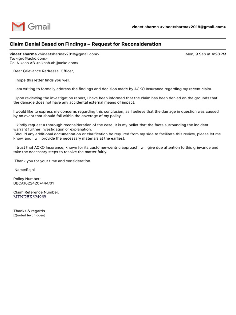 Claim Denial Based On Findings - Request For Reconsideration | PDF