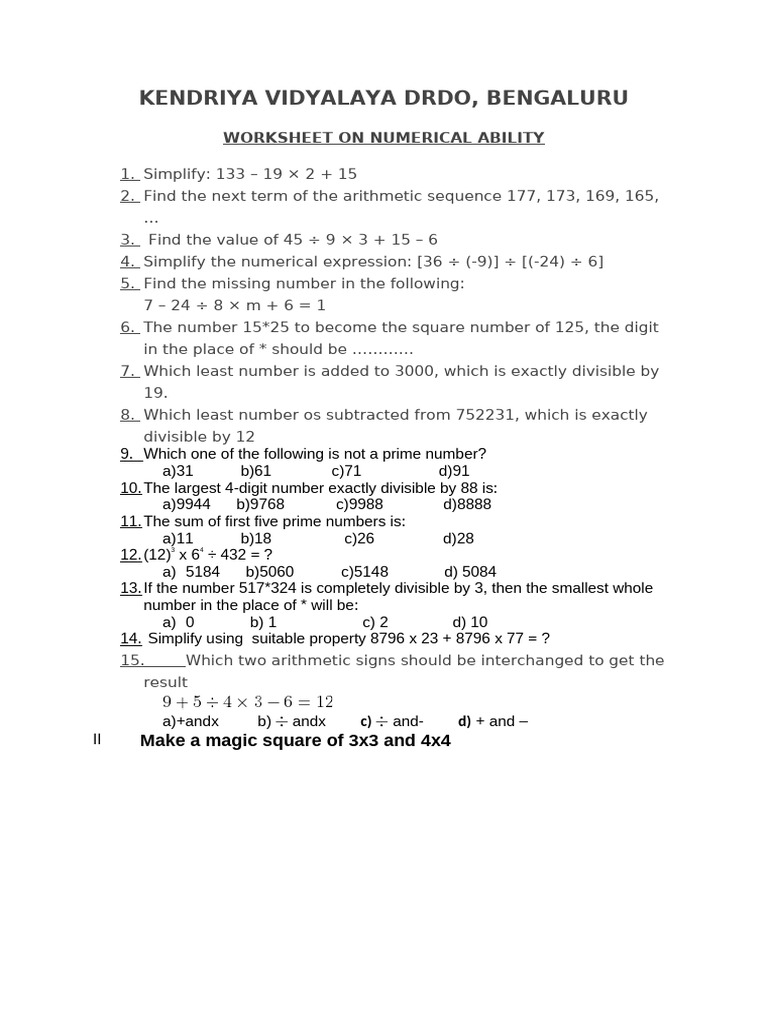 Numerical Ability Worksheet | PDF