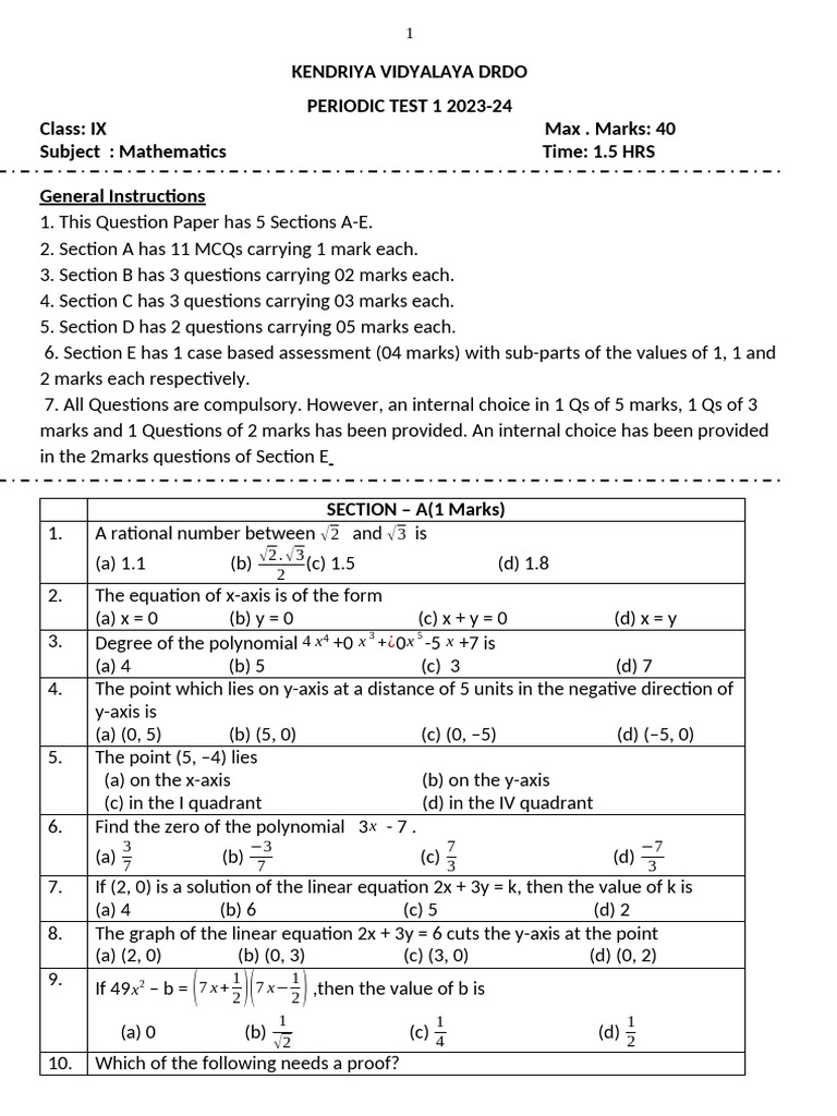 Class 9 PT 1 Mathematics QP | PDF | Numbers | Axiom