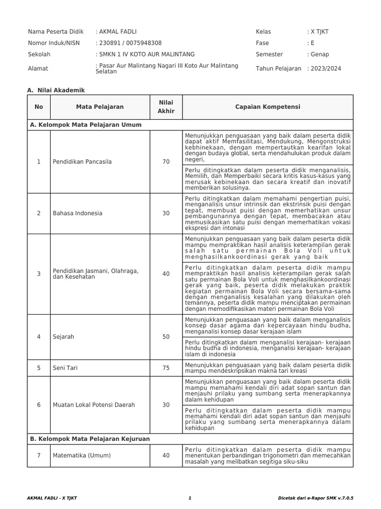 Rapor Akmal Fadli - X TJKT | PDF