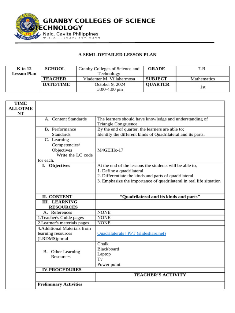 lesson-plan | PDF | Rectangle | Perpendicular