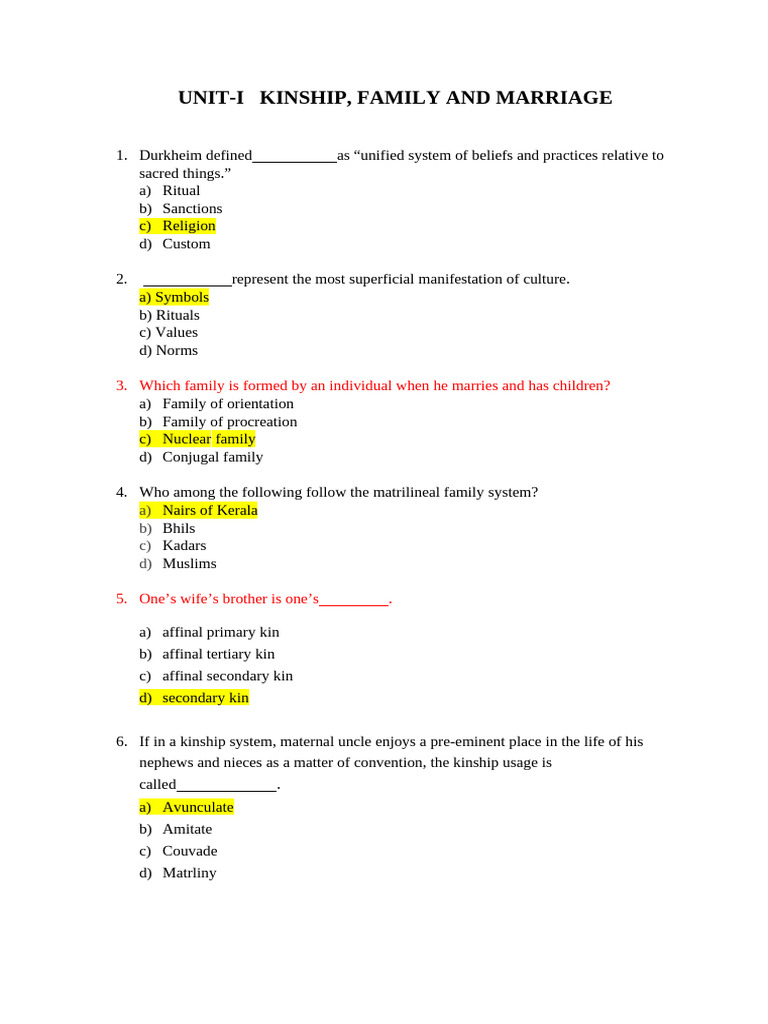 Sociology Unit 1 Answers Internal | PDF | Kinship | Family