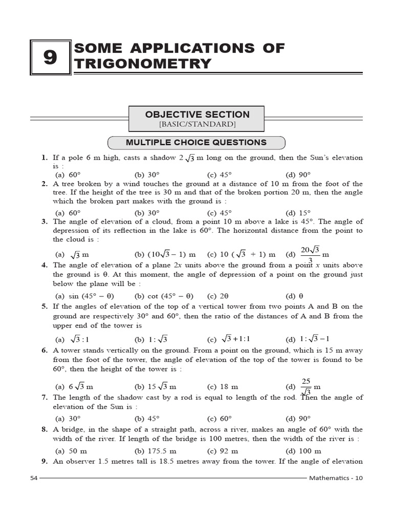 Trigonometry Applications MCQs for Students | PDF | Shadow | Trigonometry