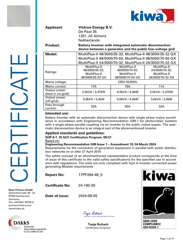 Certificate Ess g99!1!2024 Multiplus II 48v 3k (GX) 48v 5k (GX) 24v 3k ...