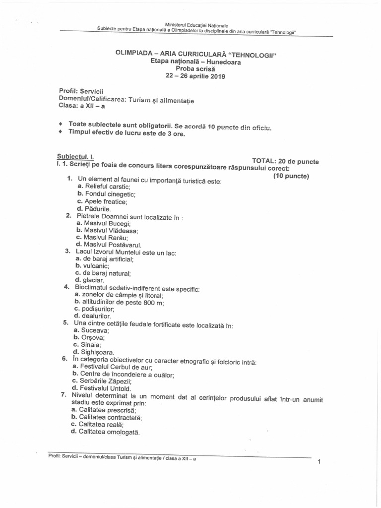 Subiect Turism Alim 2019 12 | PDF