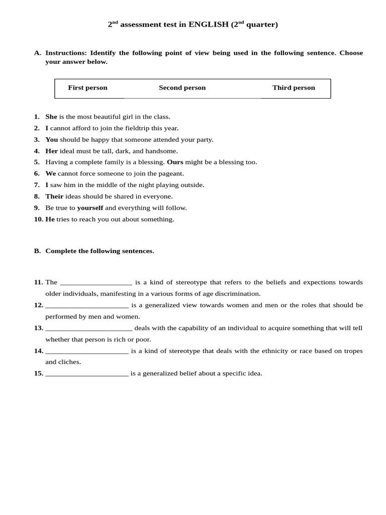 2nd Assessment Test in ENGLISH | PDF