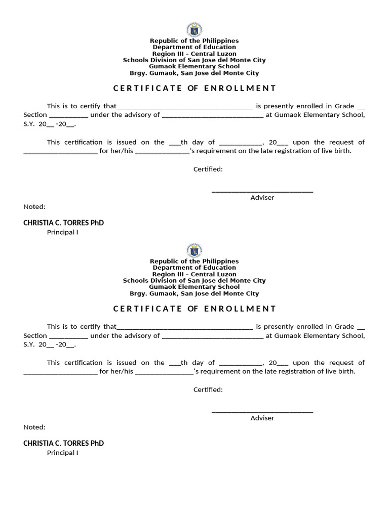 Cert of Enrollment Half Bond Paper SY 2024 25 | PDF | Philippines ...