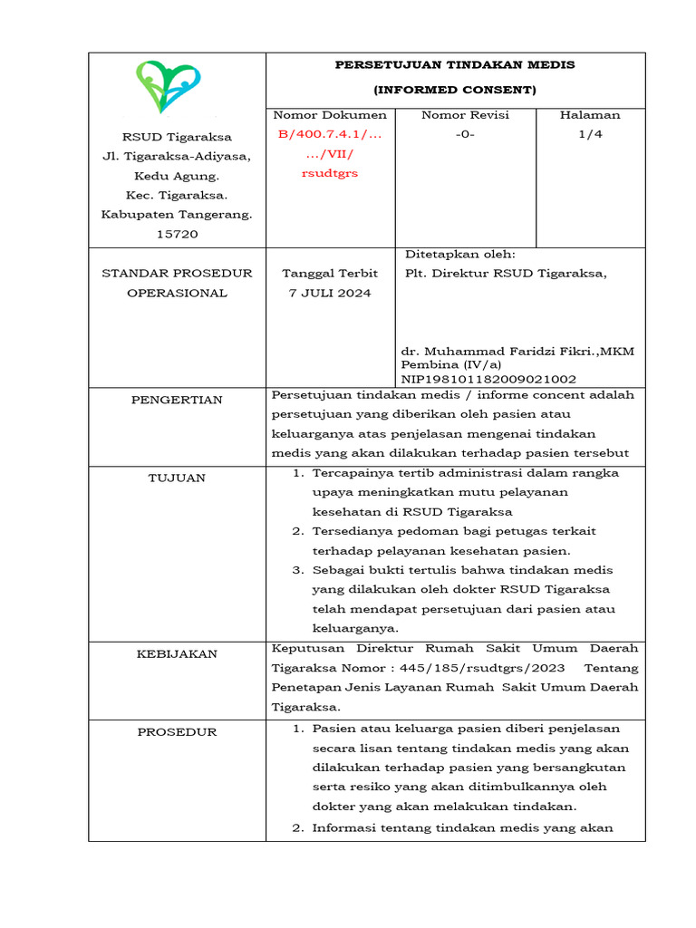 Persetujuan Tindakan Medis RSUD Tigaraksa | PDF