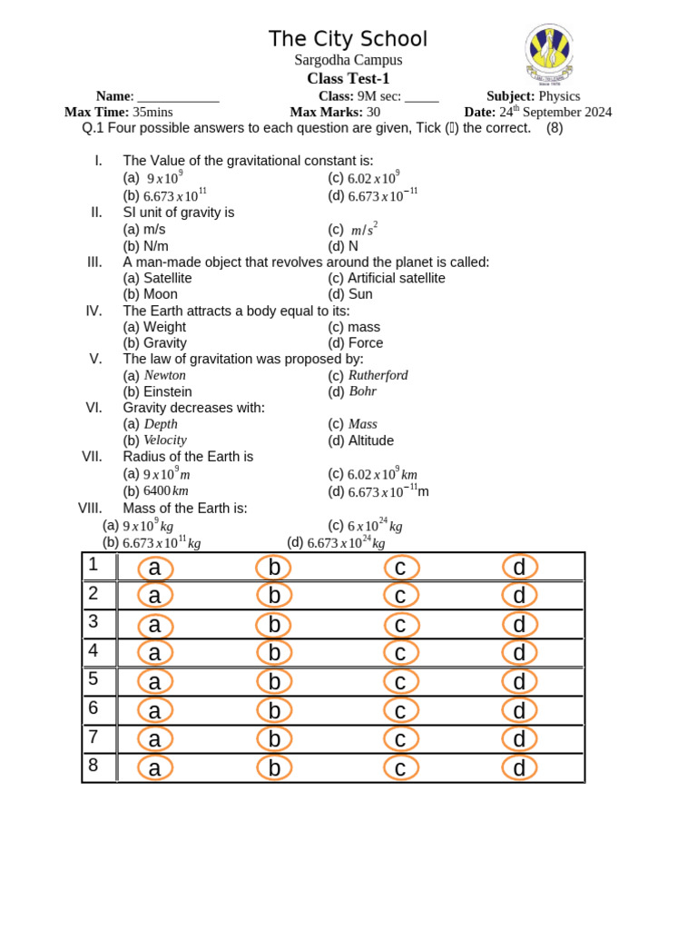 Physics test september | PDF | Gravity | Newton's Law Of Universal ...