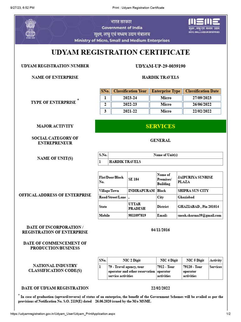 Msme Certificate For Hardik Travels | PDF