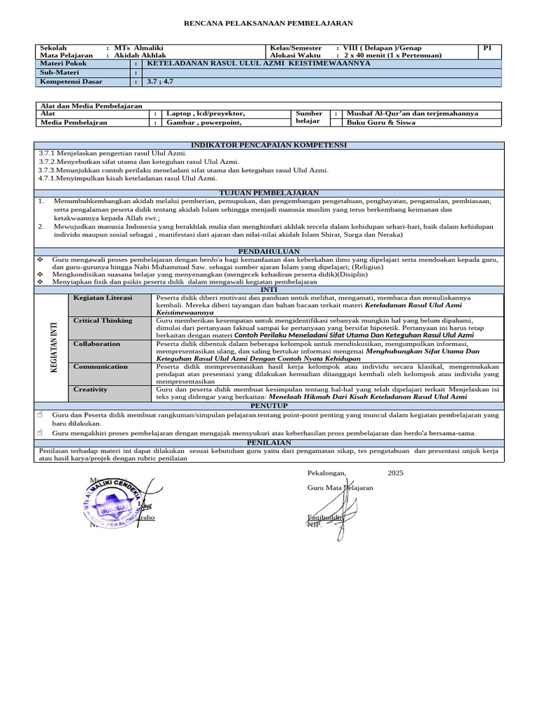RPP Akidah Akhlak Kelas 8 SEM 2 | PDF | Pengembangan Diri | Sains & Matematika