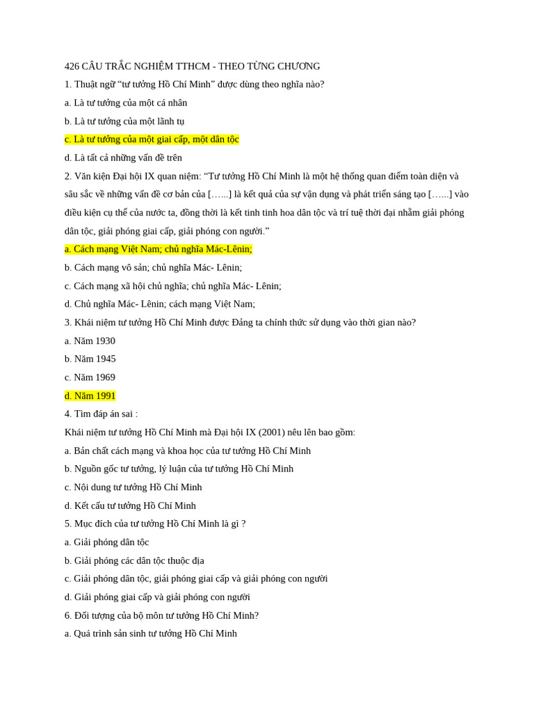 426 Câu Trắc Nghiệm Tthcm | PDF