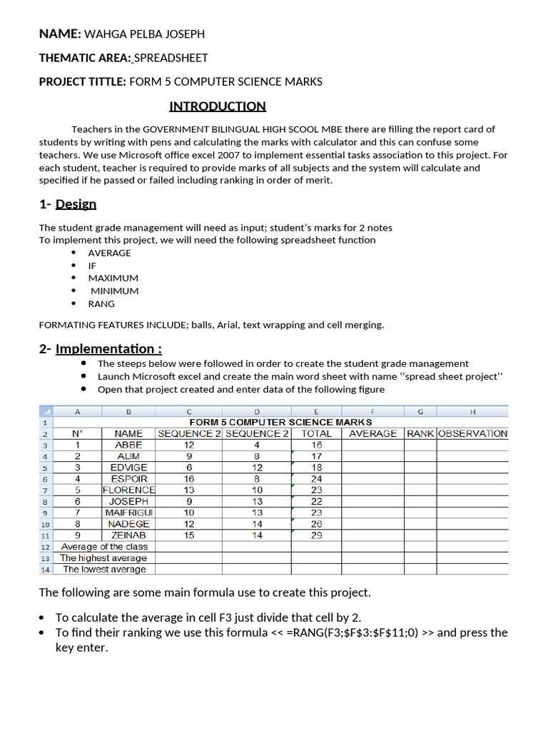 PROJECT spreadsheet | PDF