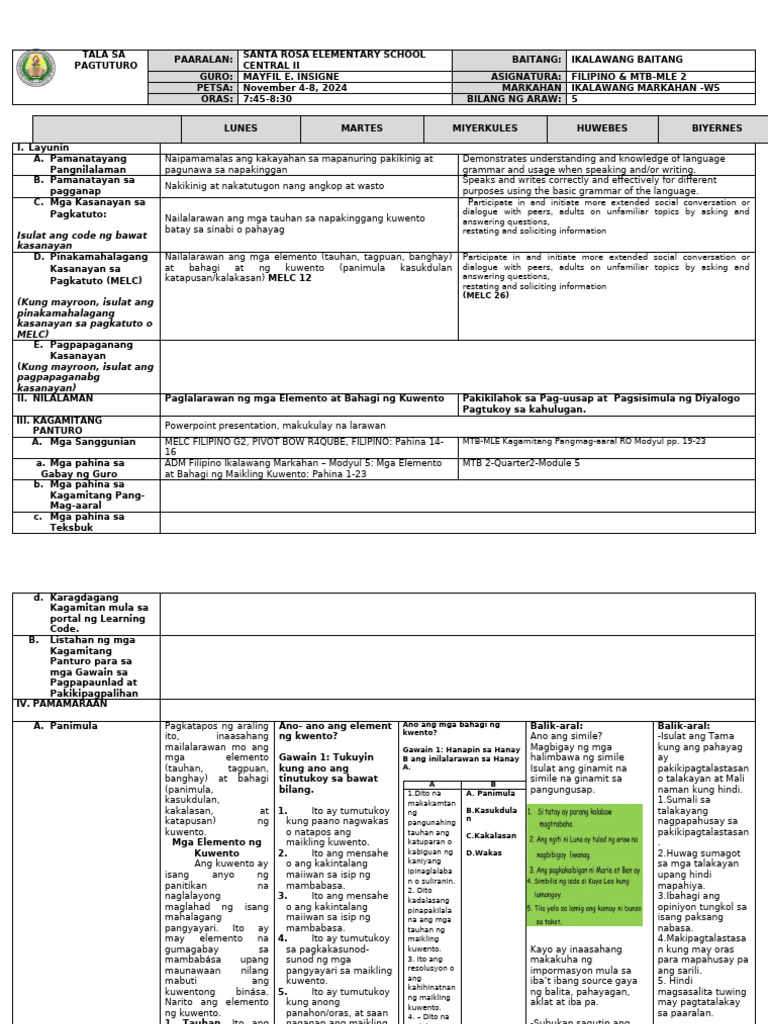 DLL - Filipino&MTB-MLE 2 - Q2 - W5 | PDF