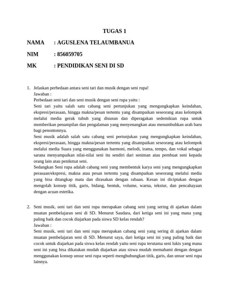 Tugas 1 Pendidikan Seni Di SD | PDF | Seni