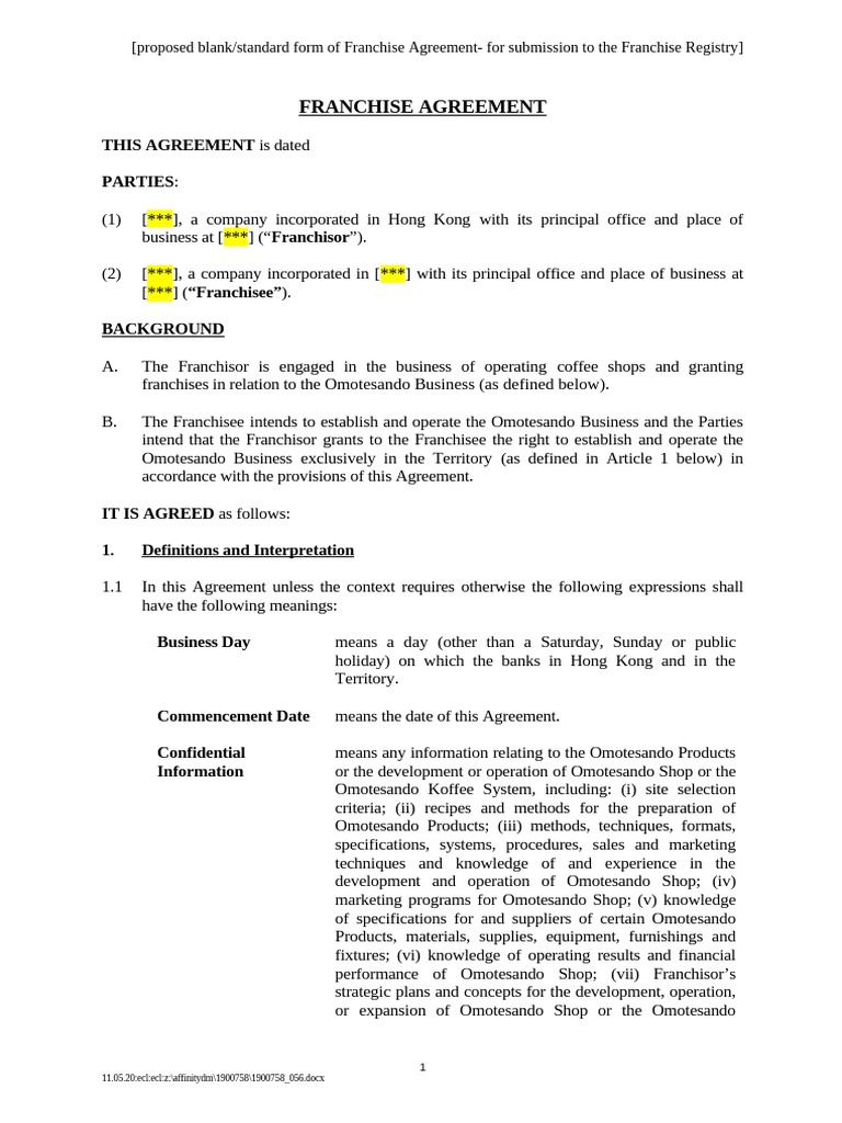 Franchise Agreement Pdf Franchising Trademark