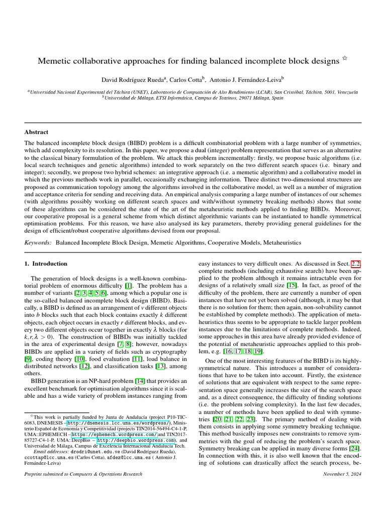 Memetic Collaborative Approaches For Finding Balanced Incomplete Block ...