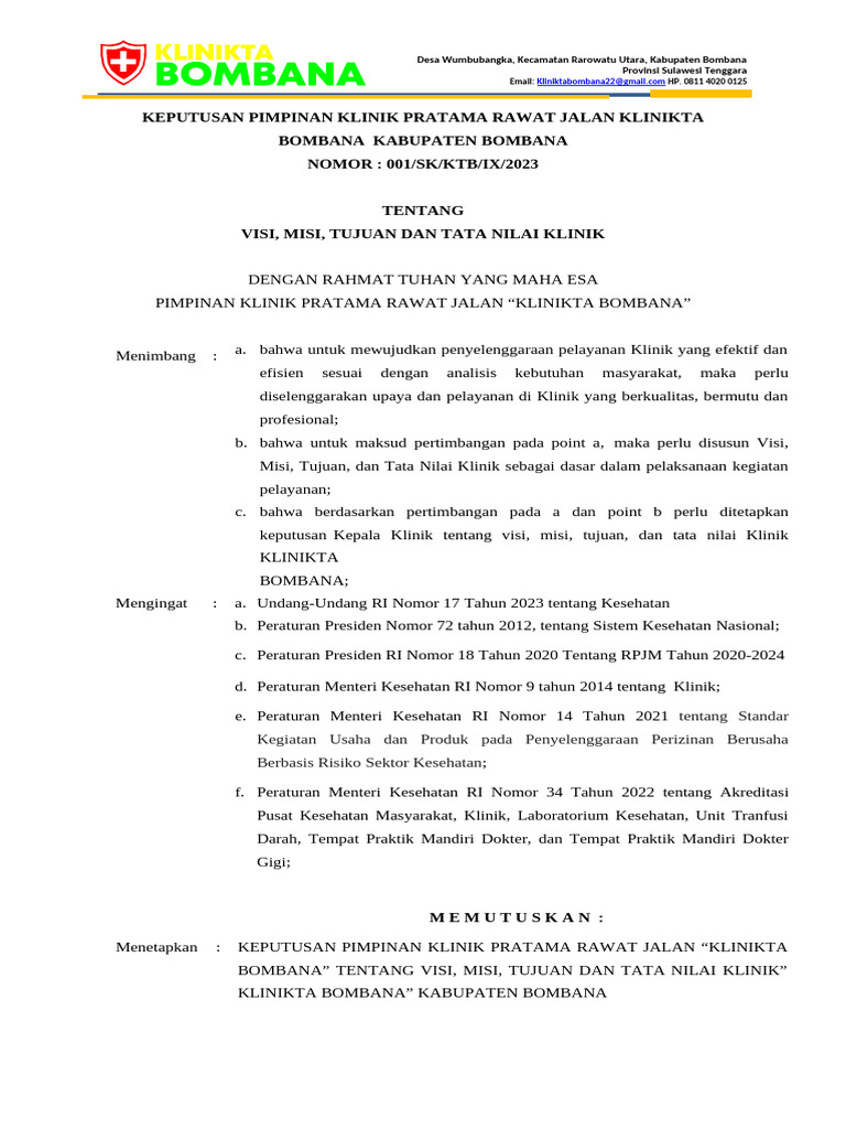 SK Visi Misi Tata Nilai Dan Tujuan Klinik | PDF